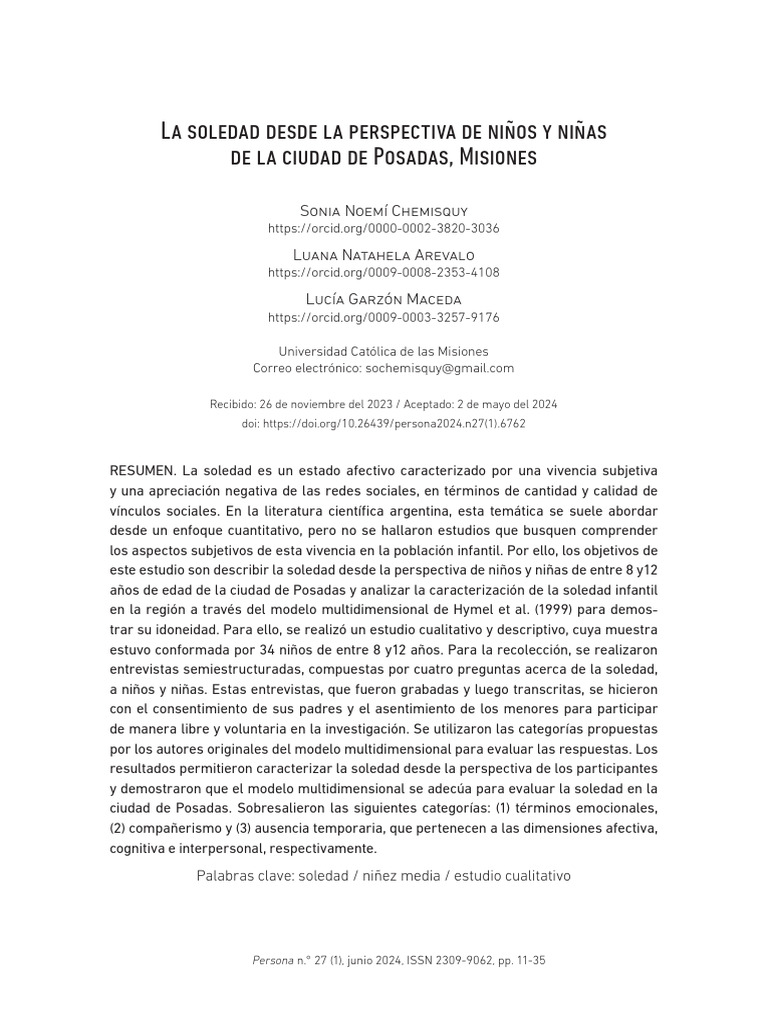 Soledad infantil en Posadas, Misiones | PDF | Soledad | Las emociones