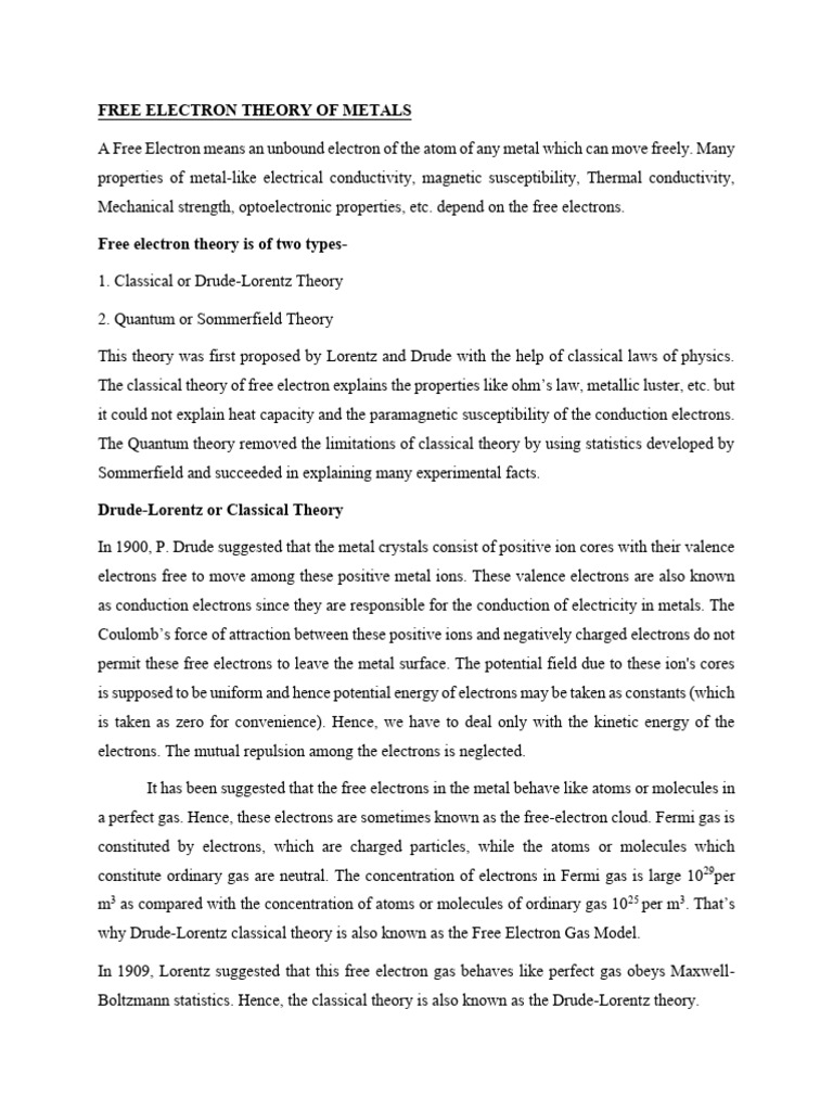 Free Electron Theory of Metals | PDF | Electron | Electrical Resistivity And Conductivity