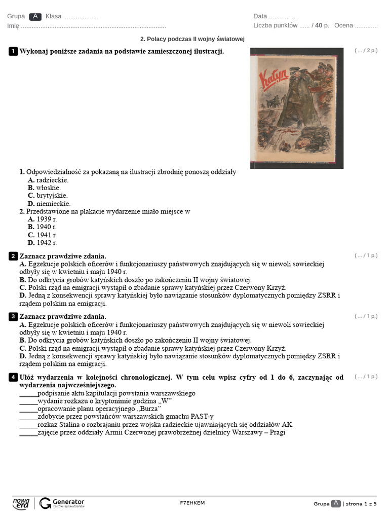 Polacy Podczas II Wojny Światowej Test (Z Widoczną Punktacją) | PDF