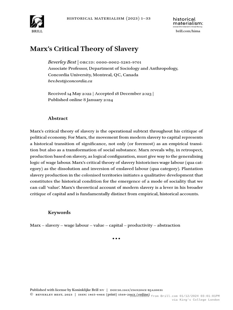 Marx's Theory of Slavery and Capital | PDF | Karl Marx | Value (Economics)