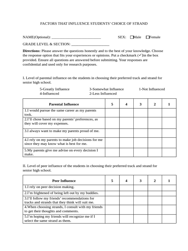 FACTORS THAT INFLUENCE STUDENT Questionnaires | PDF | Cognition | Social Psychology