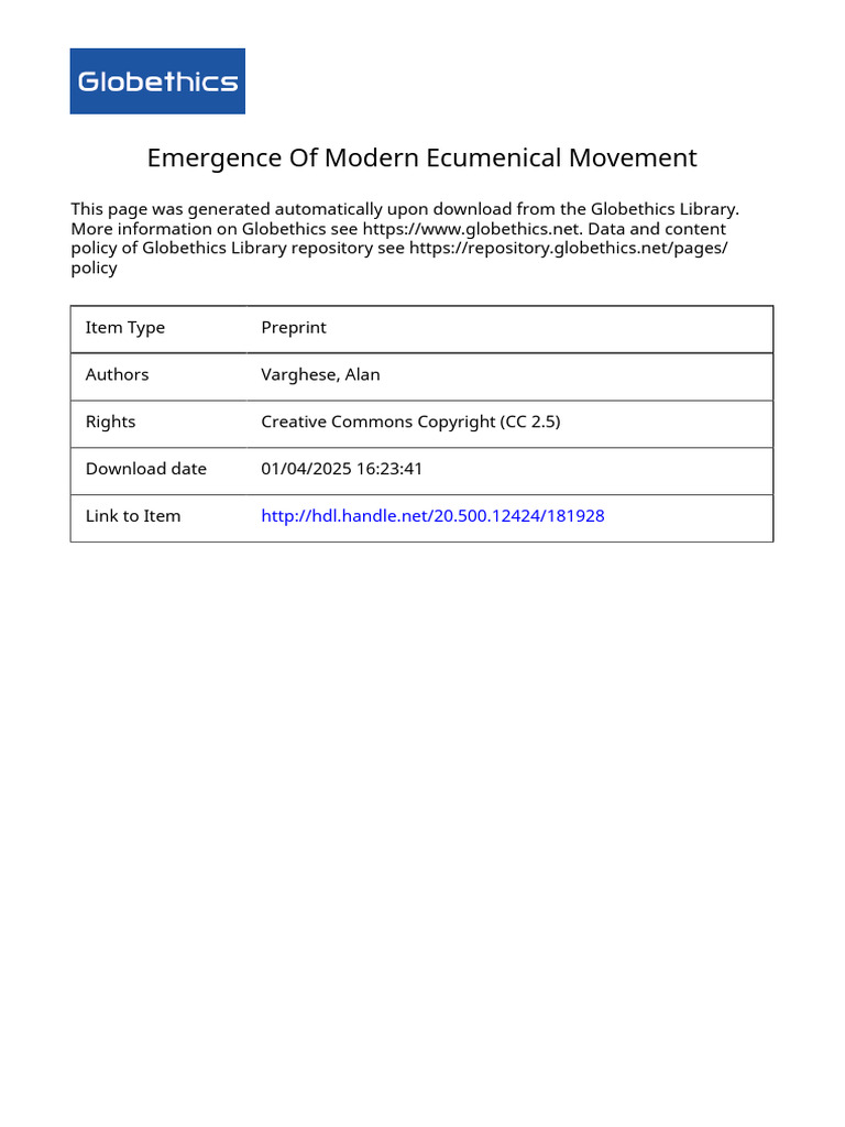 Emergence of Modern Ecumenical Movement | PDF | Evangelicalism ...