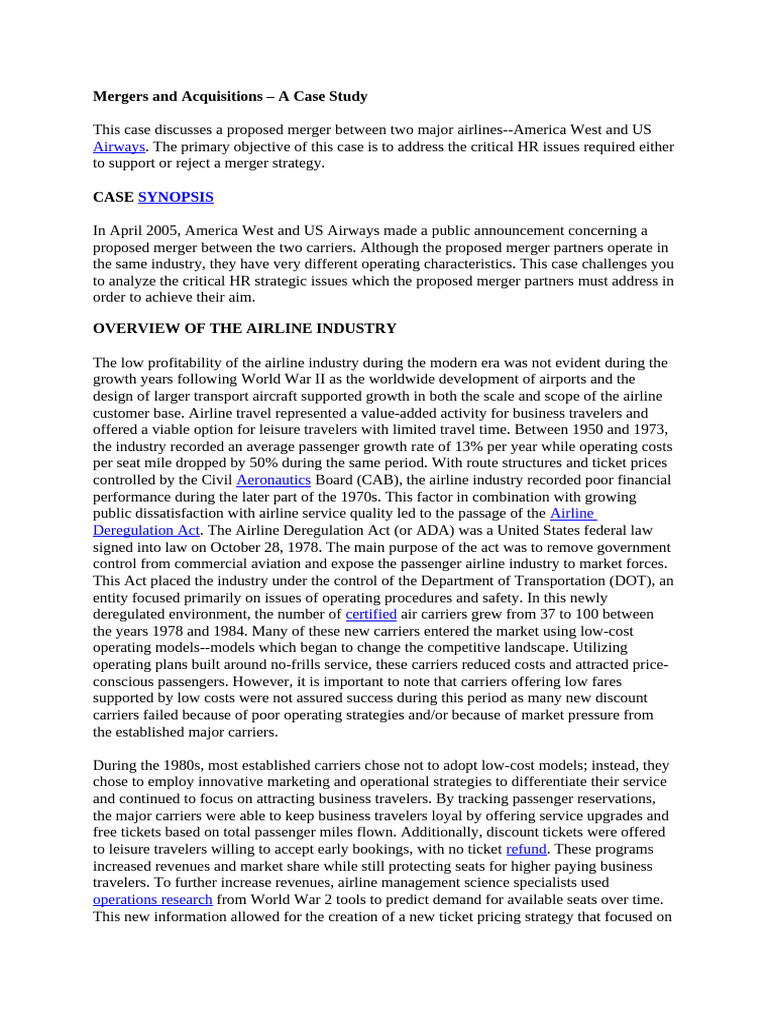 Case 4 - Mergers and Acquisitions | PDF | Us Airways | Airlines