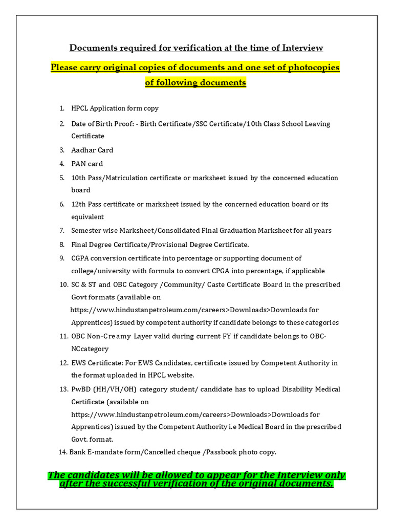 Required Documents for Interview Verification | PDF
