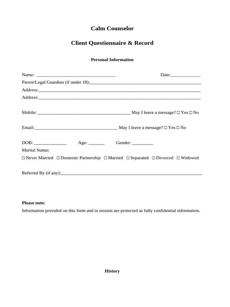 Calm Counselor Client Questionnaire Form | PDF | Substance Abuse ...