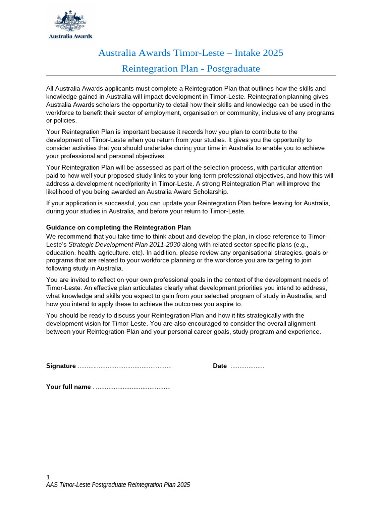 PG-2025-Intake-Reintegration-Plan-Timor-Leste | PDF | East Timor ...