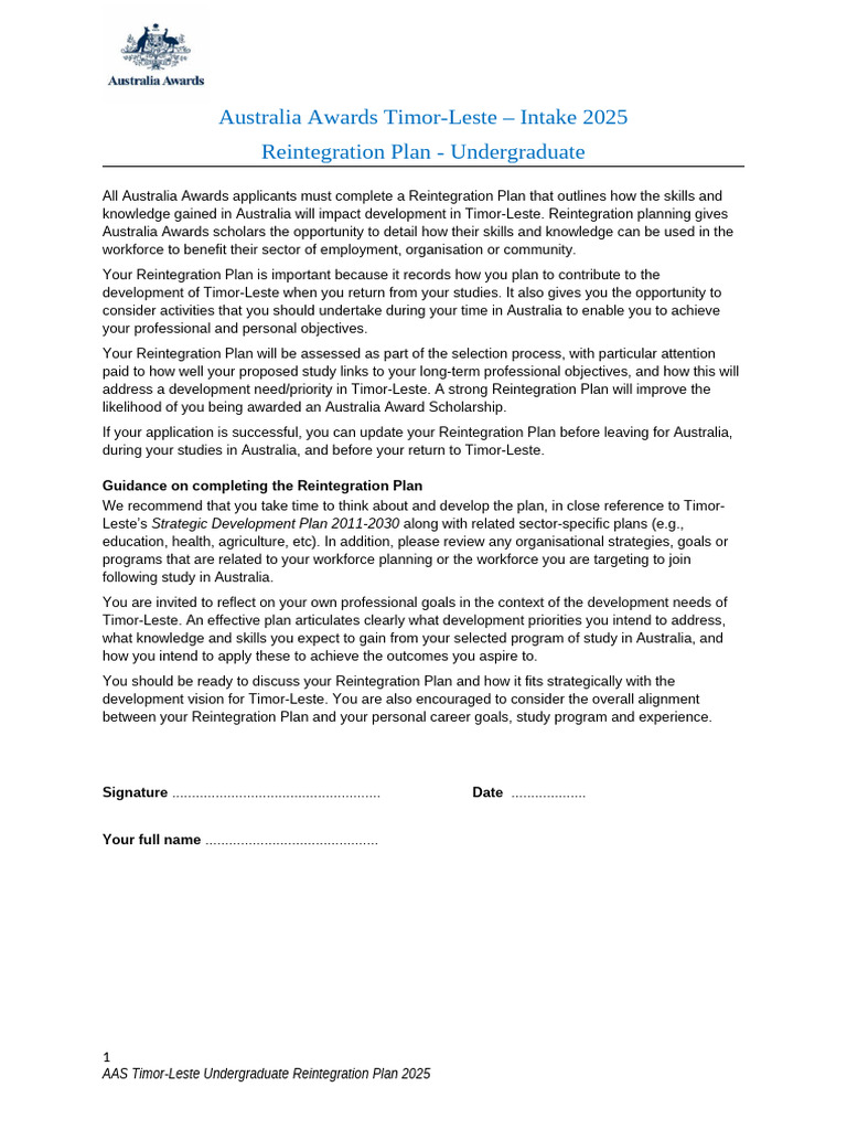 UG 2025 Intake Reintegration Plan Timor Leste | PDF | East Timor ...