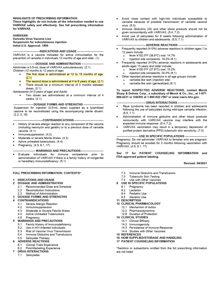 Varicella Virus Vaccine Prescribing Information | PDF | Health Care ...