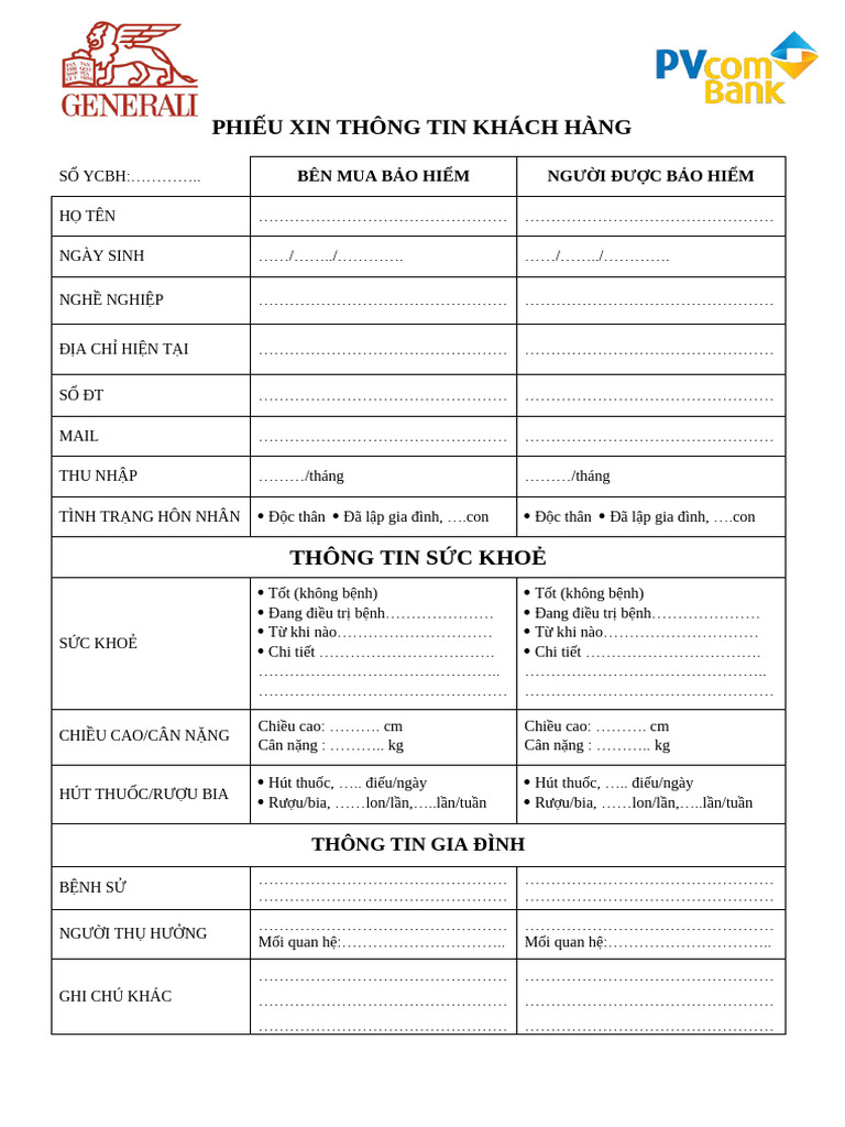 Phiếu Thông Tin KH GVL PVB | PDF