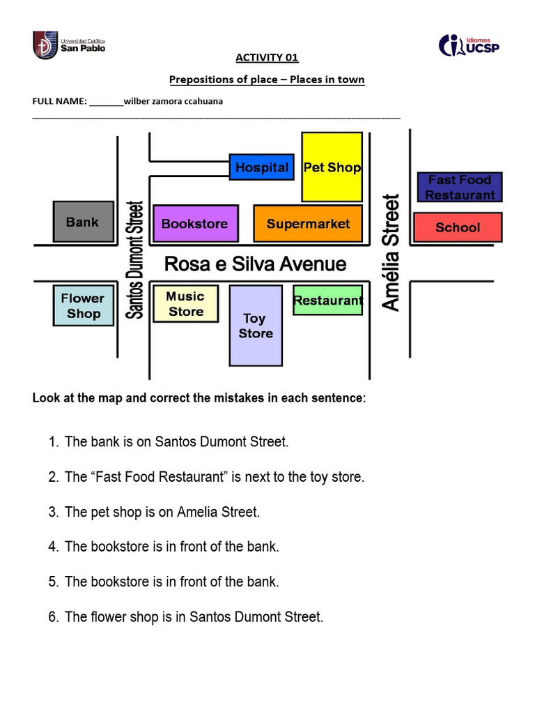 Activity 01 Prepositions of Place - Places in Town: Look at The Map and ...