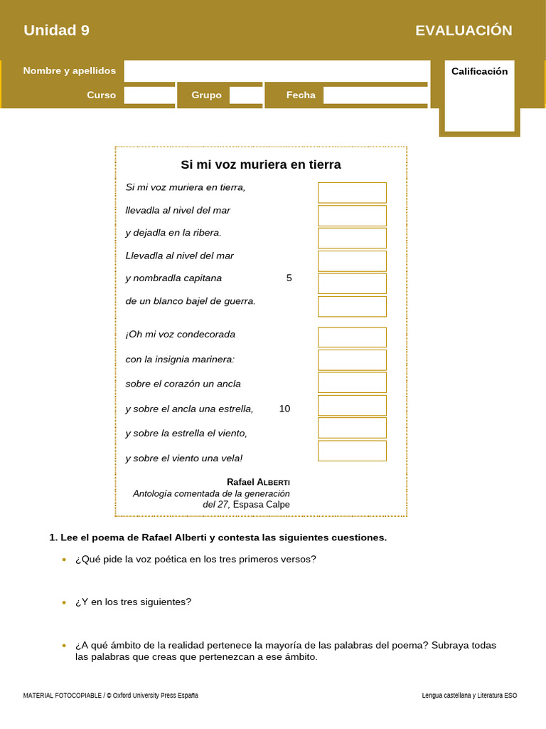 U9 Eval Sol Prueba Evaluacion Niv 1 | PDF | Metro (poesía) | Asunto (gramática)