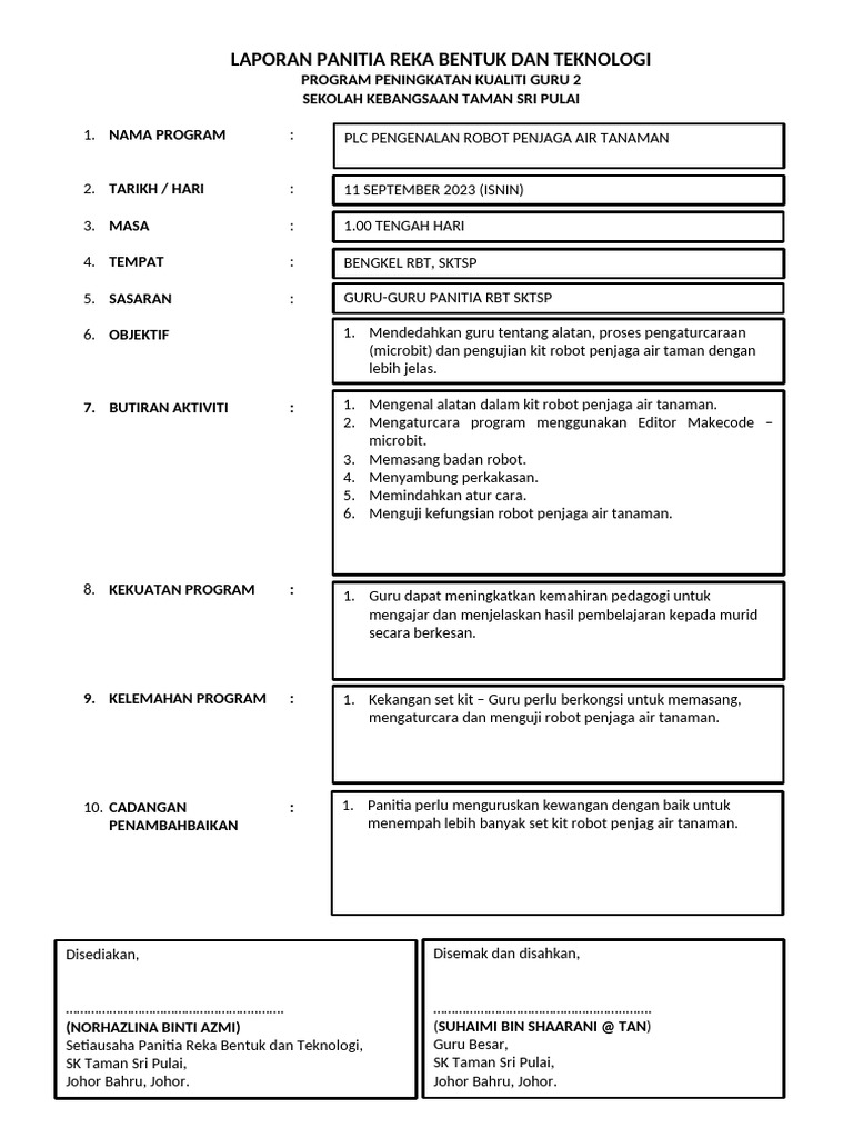 LAPORAN PROGRAM GURU ROBOT PENJAGA AIR TANAMAN 2023 | PDF