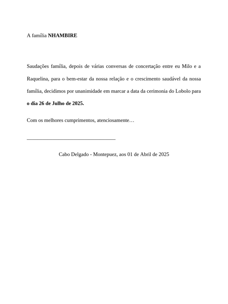 Carta de Lobolo da Família Nhambire | PDF
