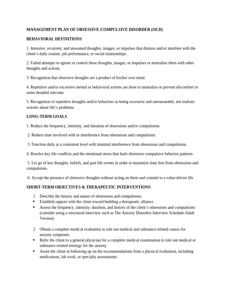 Management Plan For Ocd | PDF | Obsessive–Compulsive Disorder | Mental Disorder