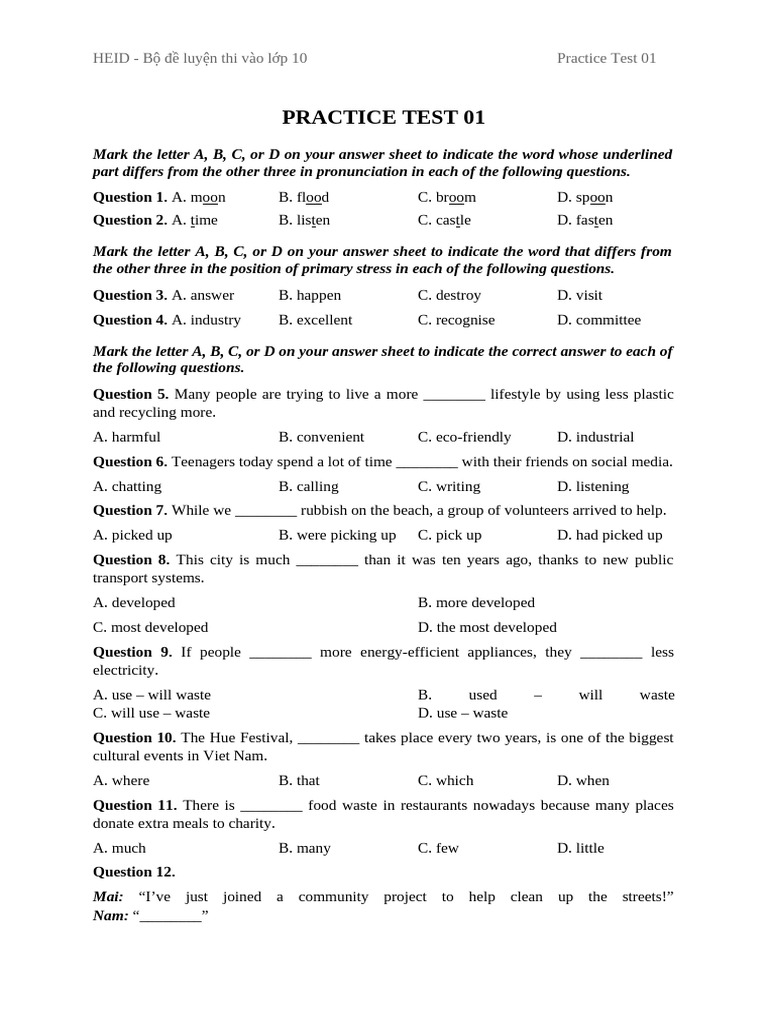 Practice Test for 10th Grade Exam | PDF