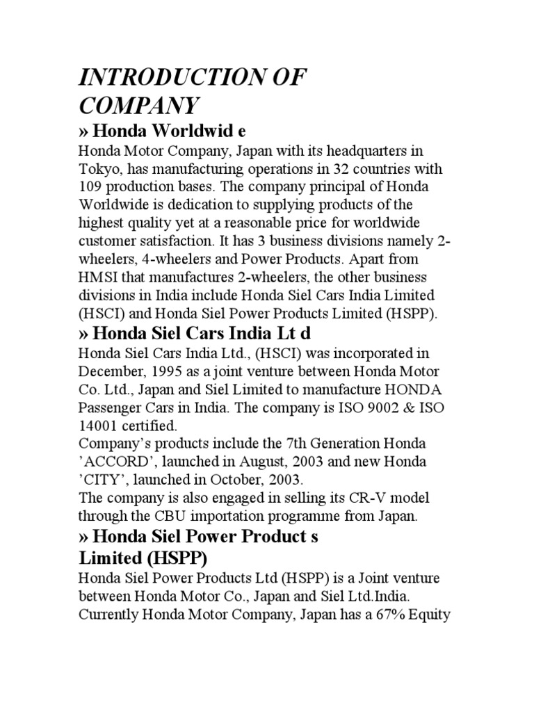 Introduction Honda | PDF