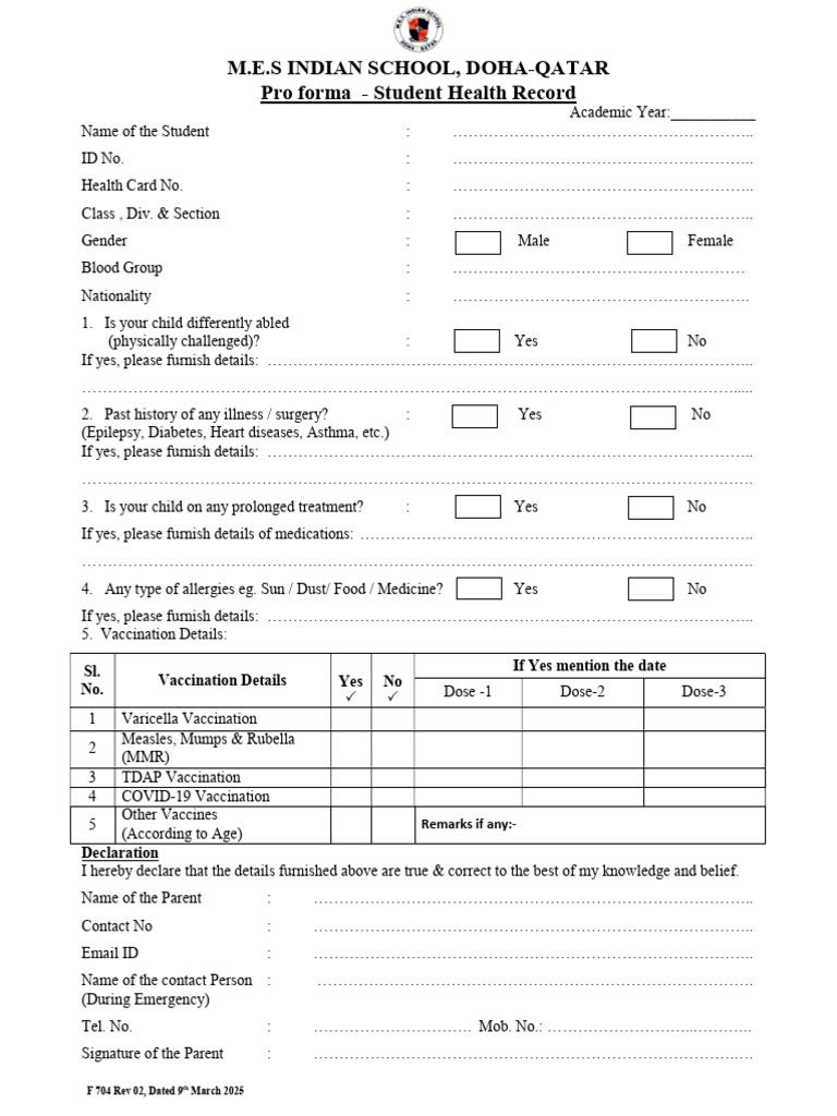 F 704 Rev 2 Students Health Record | PDF | Health Care | Viral Diseases