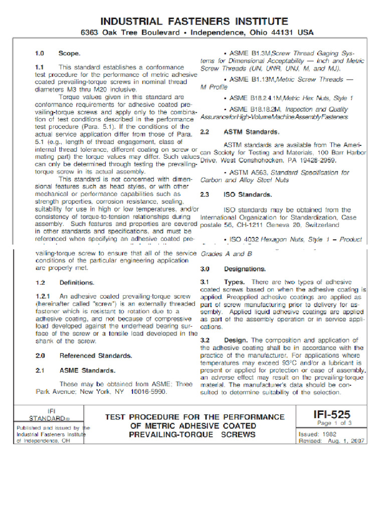 IFI-525 (2007) Test Procedure For Metric Adhesive Coated Prevailing ...