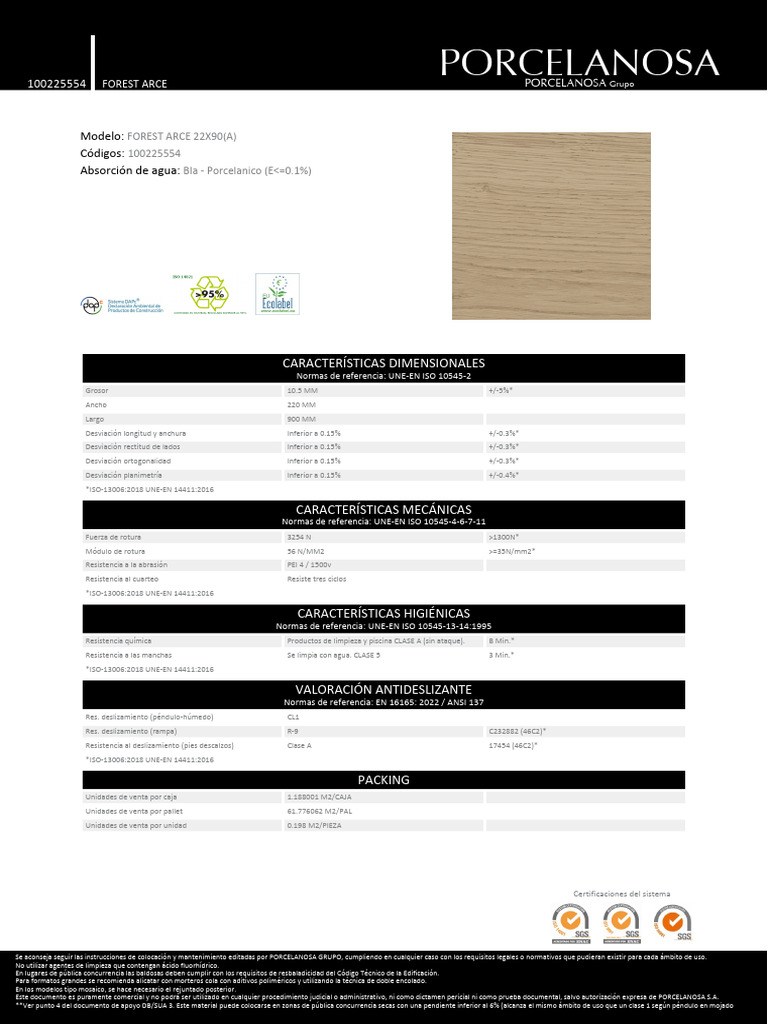 Especificaciones de Forest Arce Porcelanosa | PDF