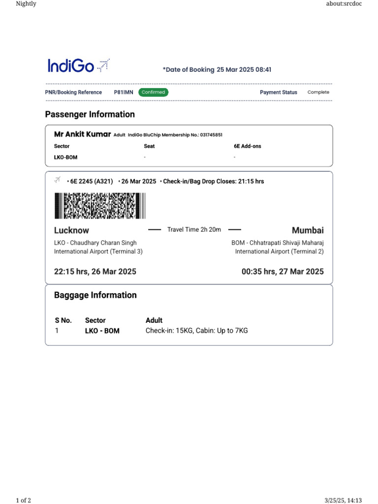 Lko To Bom Flight | PDF