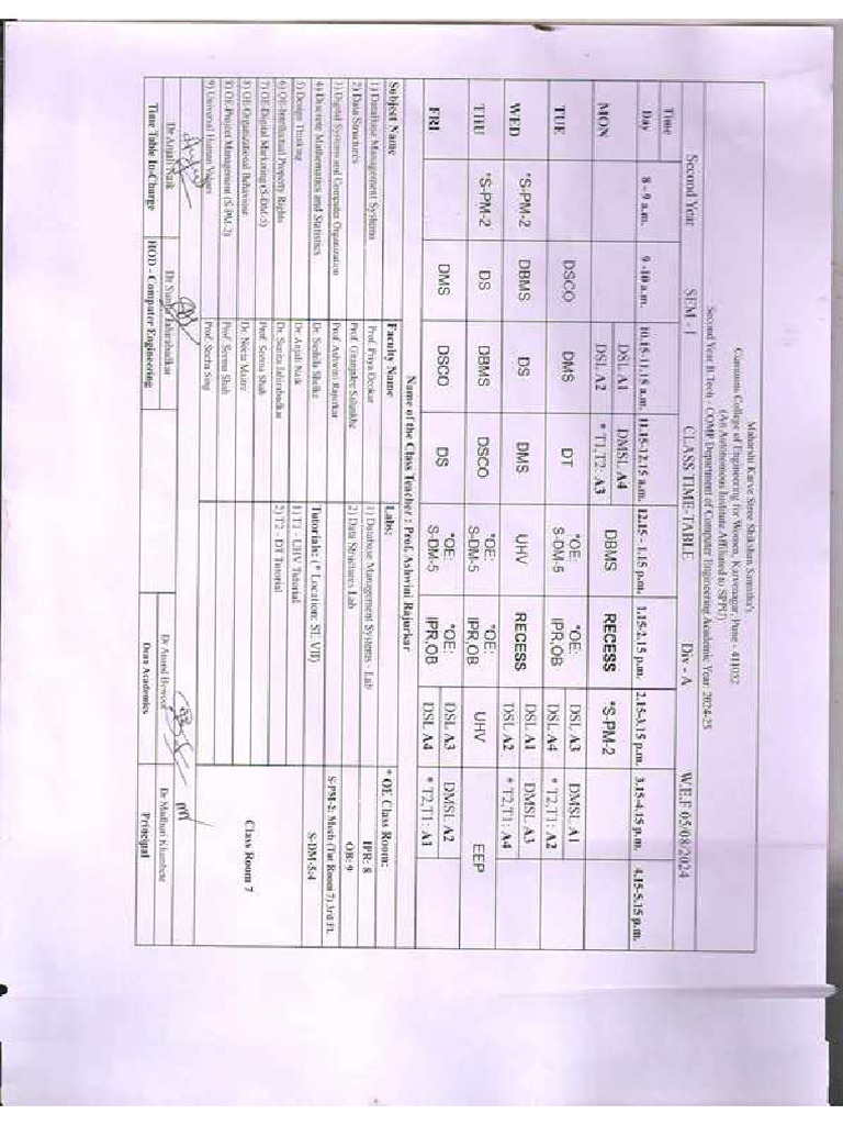 Second Year Time Table-2024-25,Ist Sem | PDF
