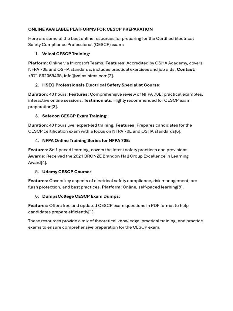 Online Available Platforms For Cescp Preparation | PDF