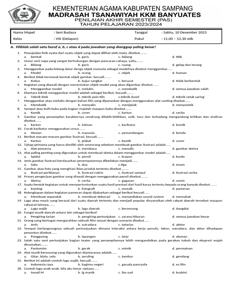 Soal Seni Budaya Kelas 8 Pas 2023-2024 | PDF