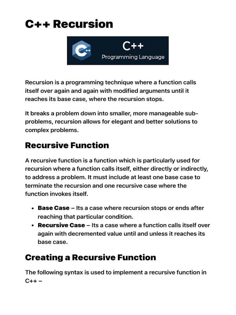 C++ Recursion: Recursive Function | PDF | Parameter (Computer Programming) | C++