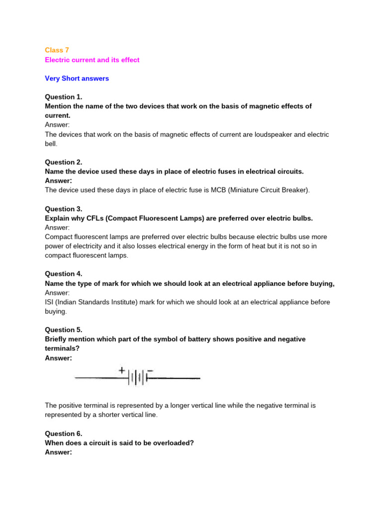 Class 7 Science Electric Current and Its Effect | PDF | Compact ...