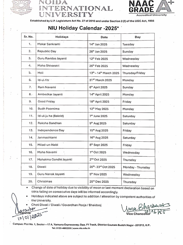 NIU Holiday Calendar - 2025 | PDF
