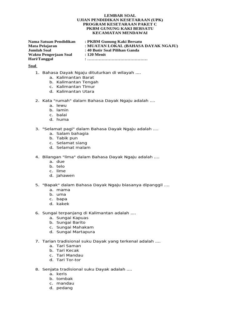 SOAL UPK MUATAN LOKAL PAKET C TAHUN 2025 | PDF
