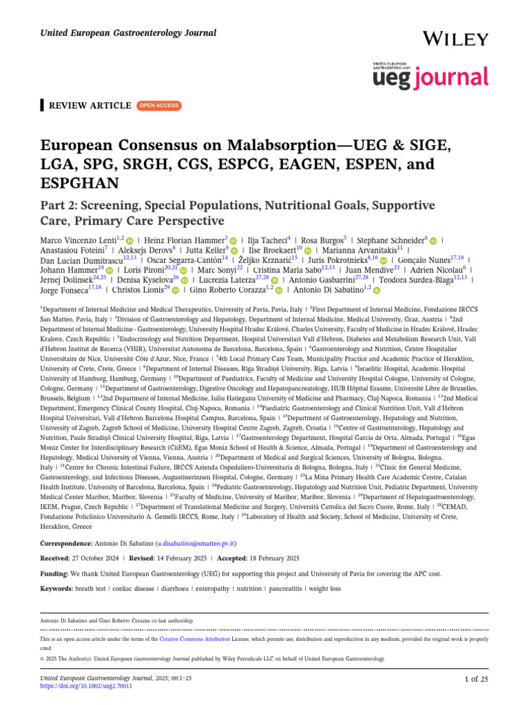 UEG Journal - 2025 - Lenti - European Consensus On Malabsorption UEG ...
