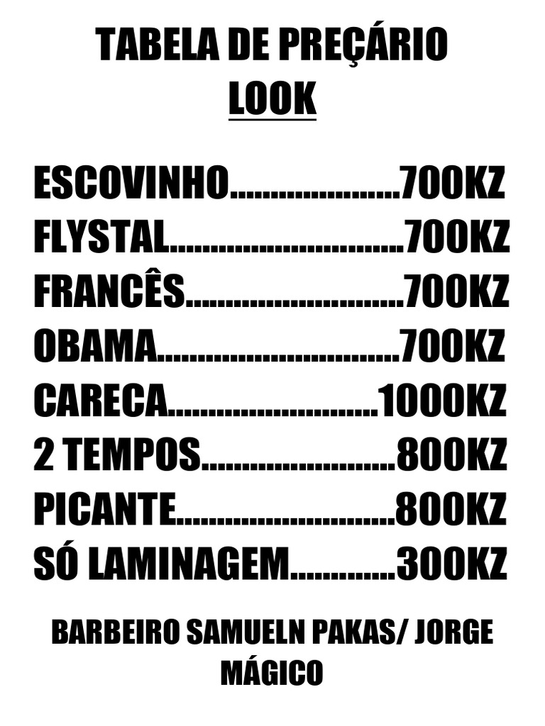 Tabela de Preçário | PDF