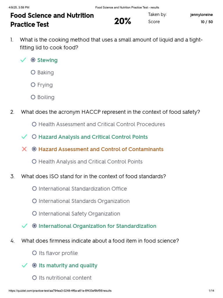 Food Science and Nutrition Practice Test - Results | PDF | Nutrition ...