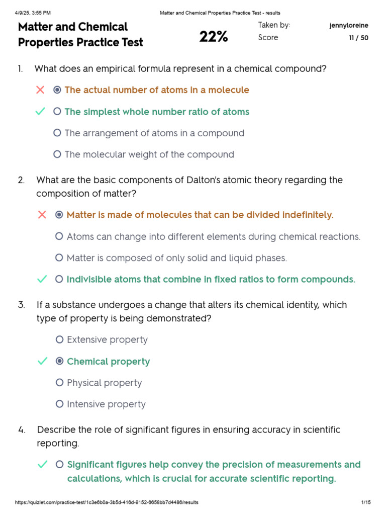 Matter and Chemical Properties Practice Test Results | PDF | Chemistry ...
