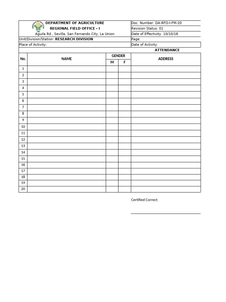 Attendance Sheet & Registration Form | PDF | Agriculture | Gender