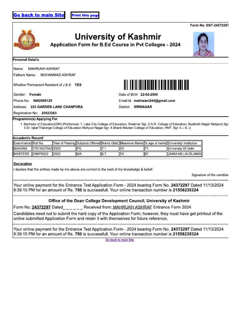 B Ed Application Form | PDF