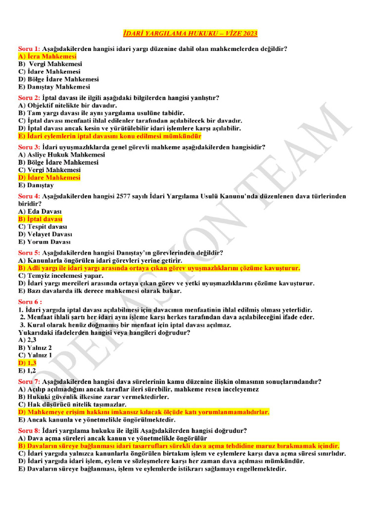 İdari Yargılama Hukuku VİZE 2023 (OPERASYON TEAM) | PDF