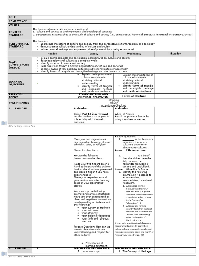 UCSP Midterm 1st Week DLL | PDF | Relativism | Lesson Plan