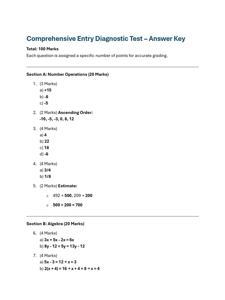 Entry Diagnostic Test Answer Key | PDF