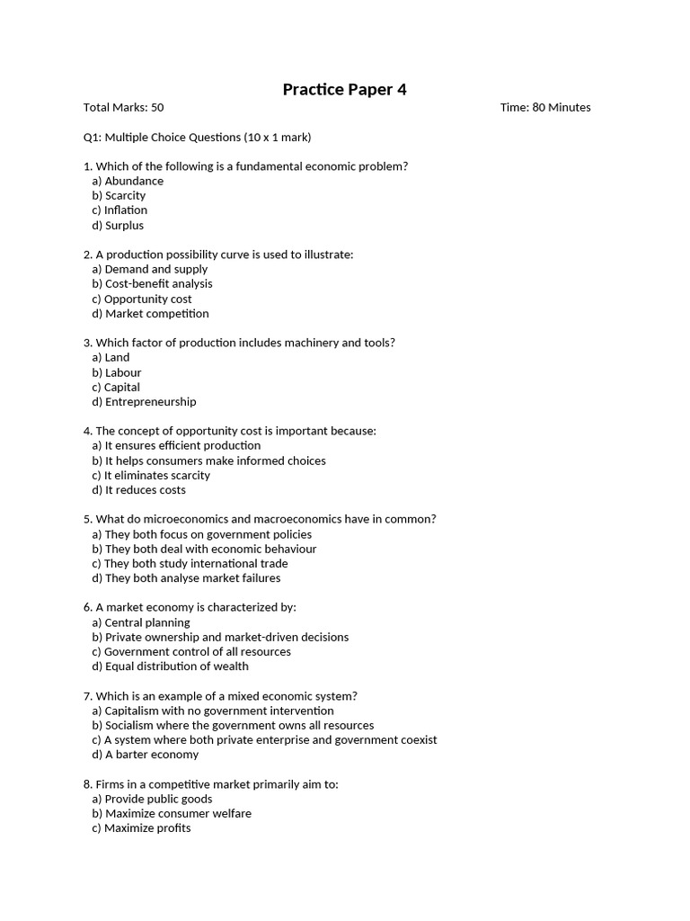 Economic Concepts Practice Paper | PDF | Microeconomics | Economic System