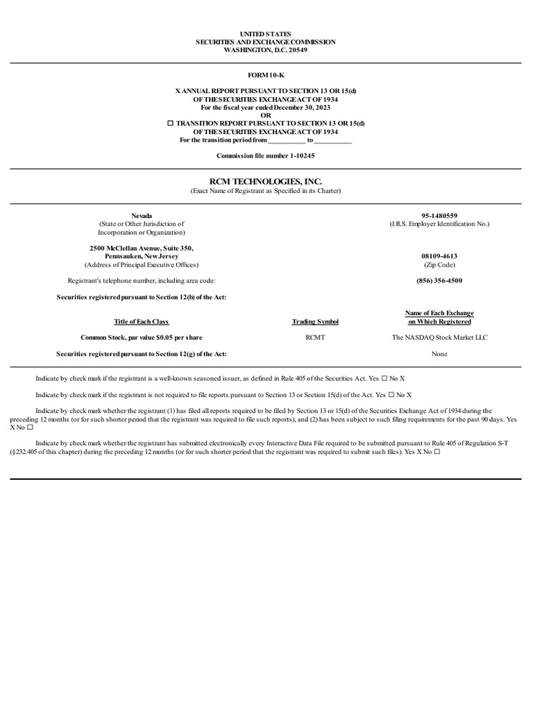 RCM Technologies | PDF | Form 10 K | Health Care