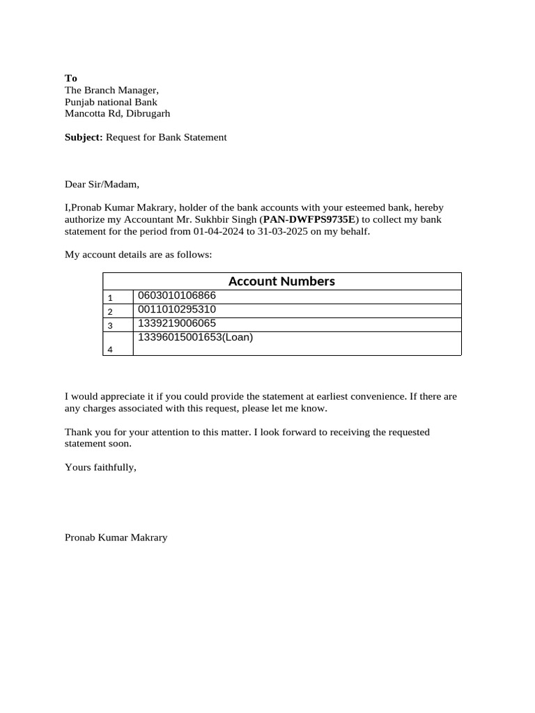 Application For The Bank Statement (PNB) | PDF | Banking
