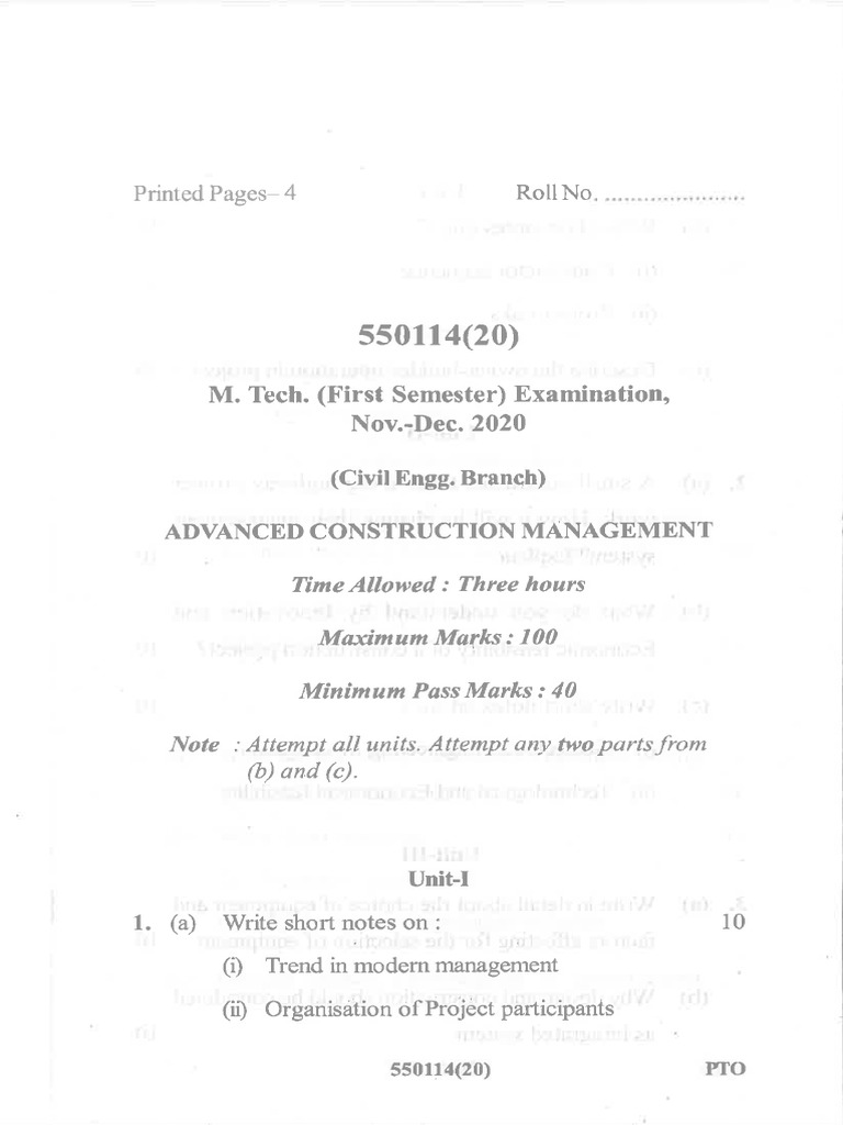 Mtech 1 Sem Ce Advanced Construction Management 550114 Dec 2020 | PDF