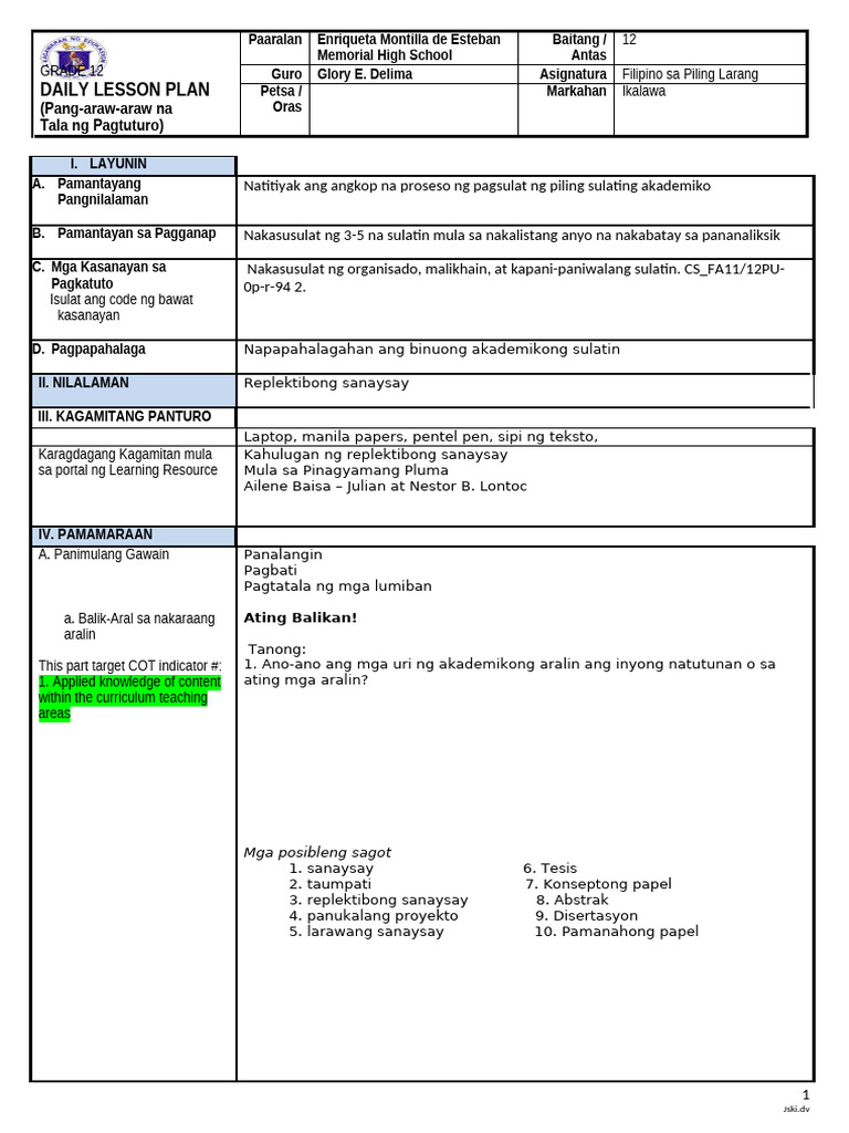 F2F Lesson Plan Q2 Week 1 | PDF