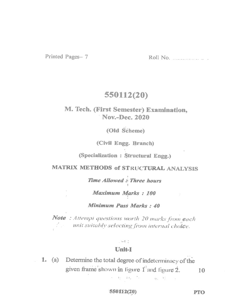 Mtech 1 Sem Ce Matrix Methods of Structural Analysis 550112 Dec 2020 | PDF