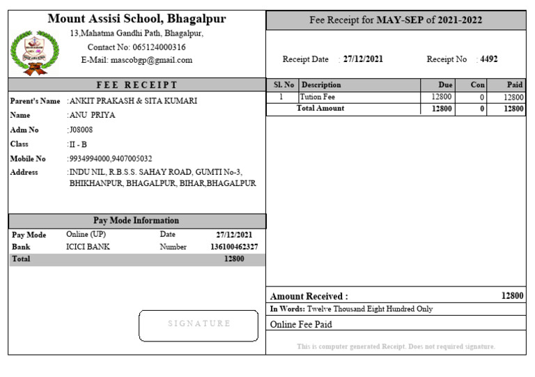 Parent Fee Receipt Prints | PDF