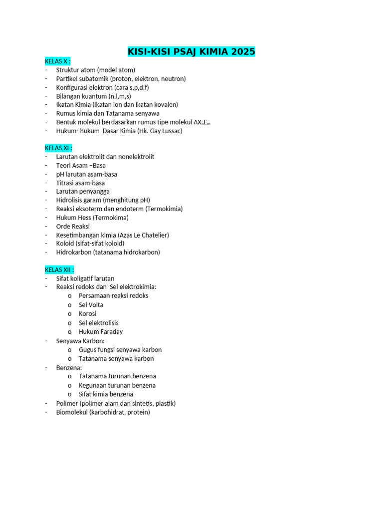 Kisi-Kisi Psaj Kimia 2025 | PDF