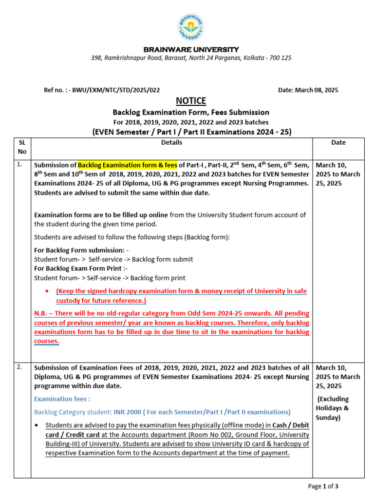 Backlog Exam Form & Fees Submission of Even Sem Exam 2024 - 25 | PDF ...