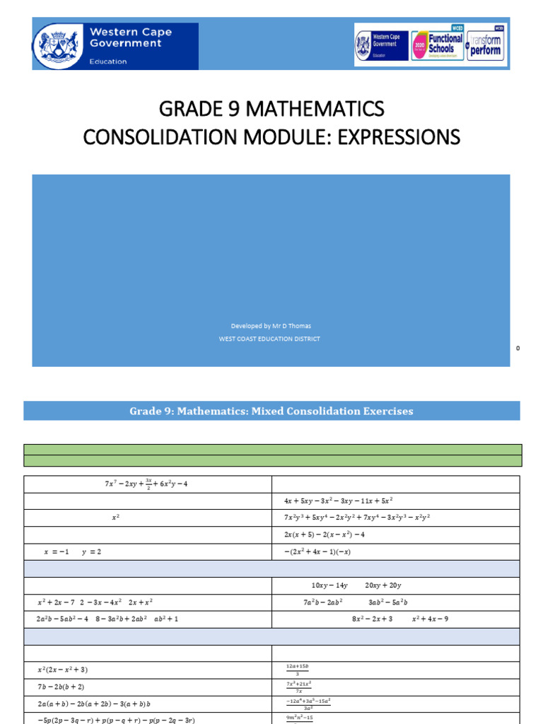 Grade 9 Algebraic Expressions Module | PDF | Factorization | Area